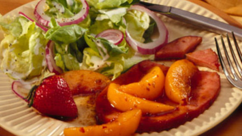 Pan-Fried Ham with Sweet Balsamic-Peach Sauce Recipe - BettyCrocker.com