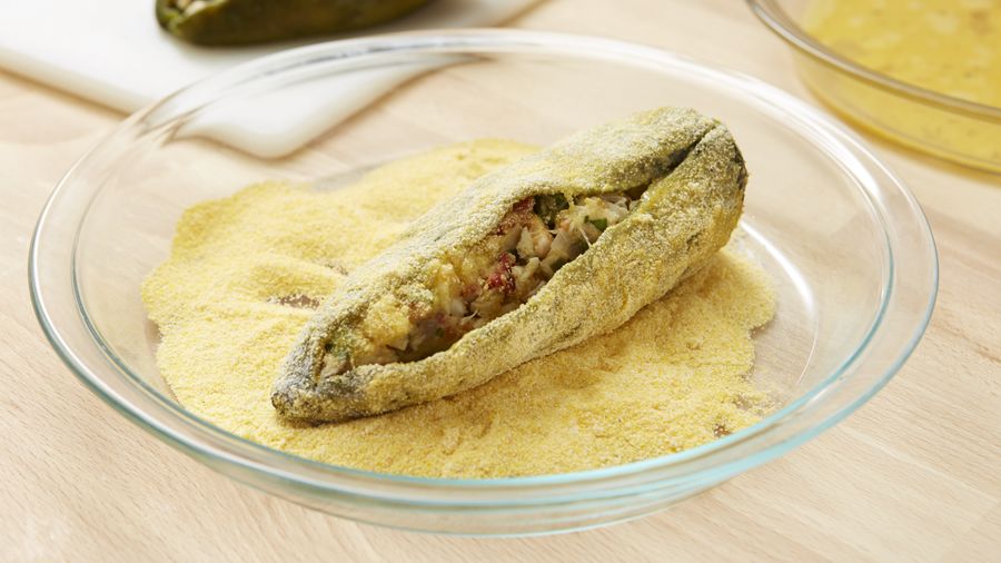 Cornmeal Crusted Crab Stuffed Chile Relleno Recipe - QueRicaVida.com